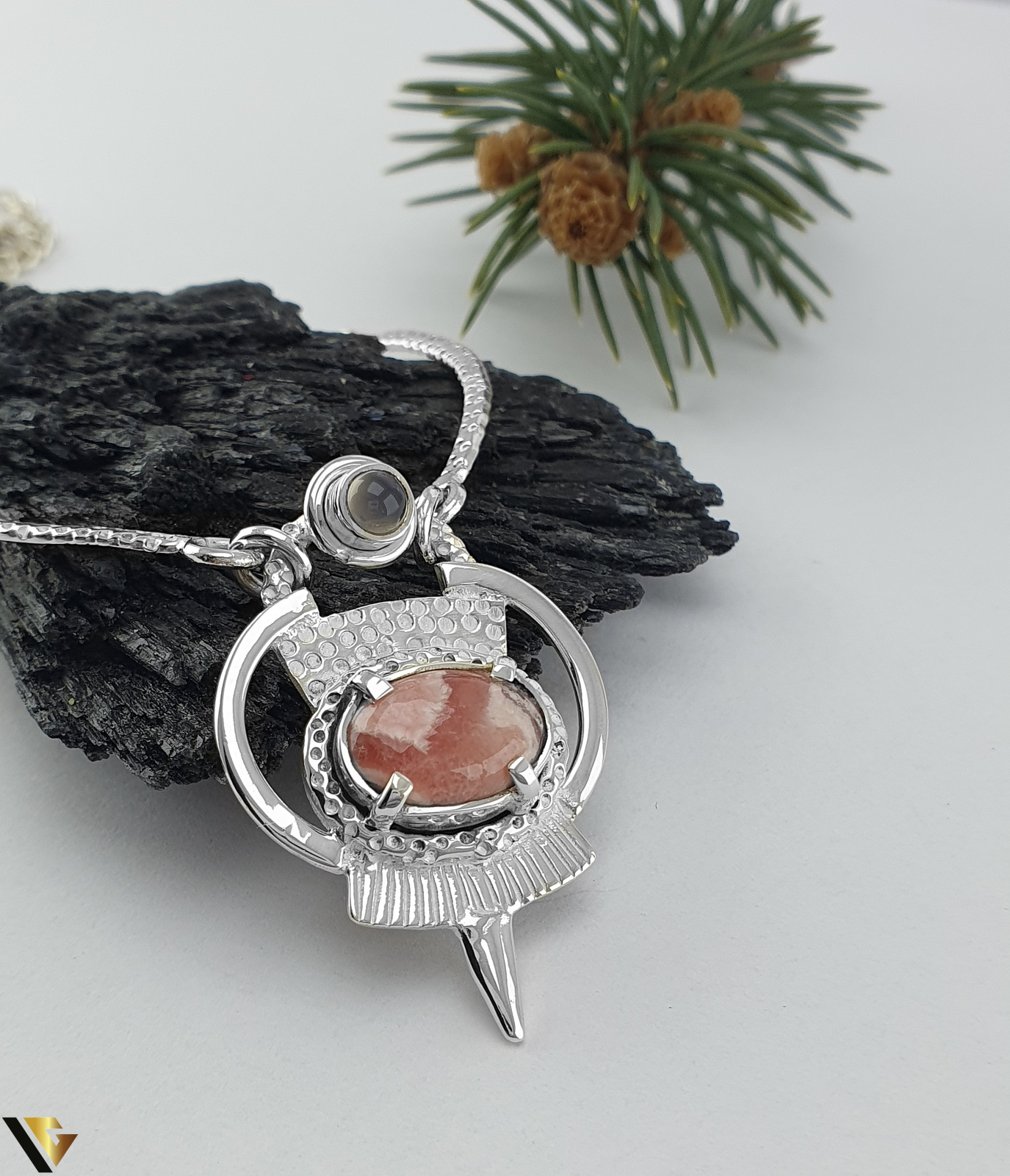 Colier argint 925, Red Zebra Jasp, Cuart Roz piatra semipretioasa maro ...