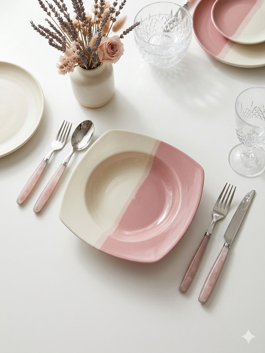 Farfurie adanca patrata 21 cm, ceramica, design bicolor roz/crem ...