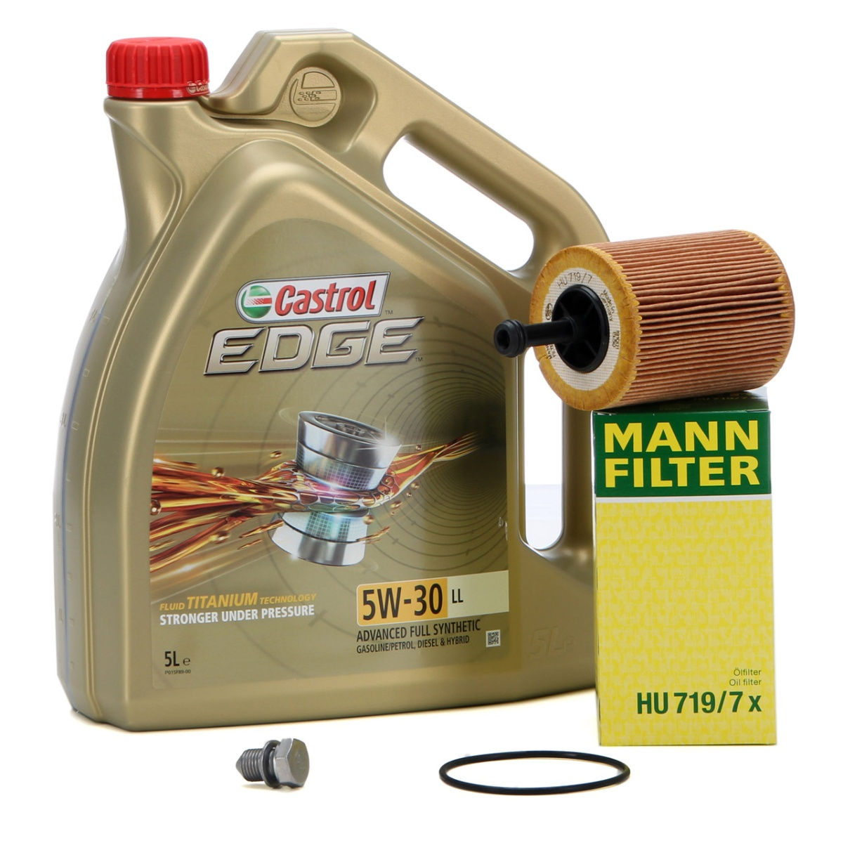 Set Ulei Motor Castrol Edge LL 5W-30 5L + Filtru Ulei Mann Filter HU719/7X + Buson Golire Baie ...