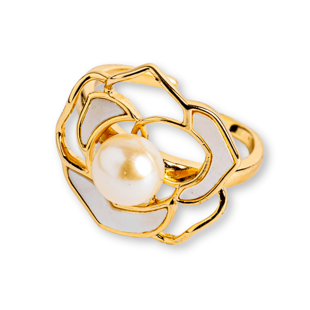 Inel floare cu perla si scoica – Bijuterie florala delicata