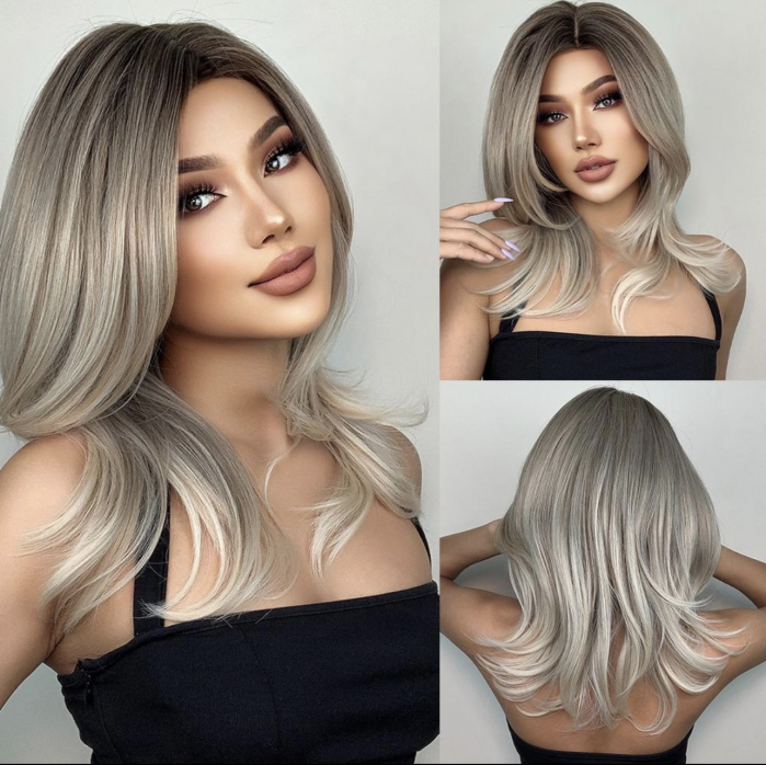 Peruca C971 Blonda Ombre Platinata cu Breton si Par Filat Gri