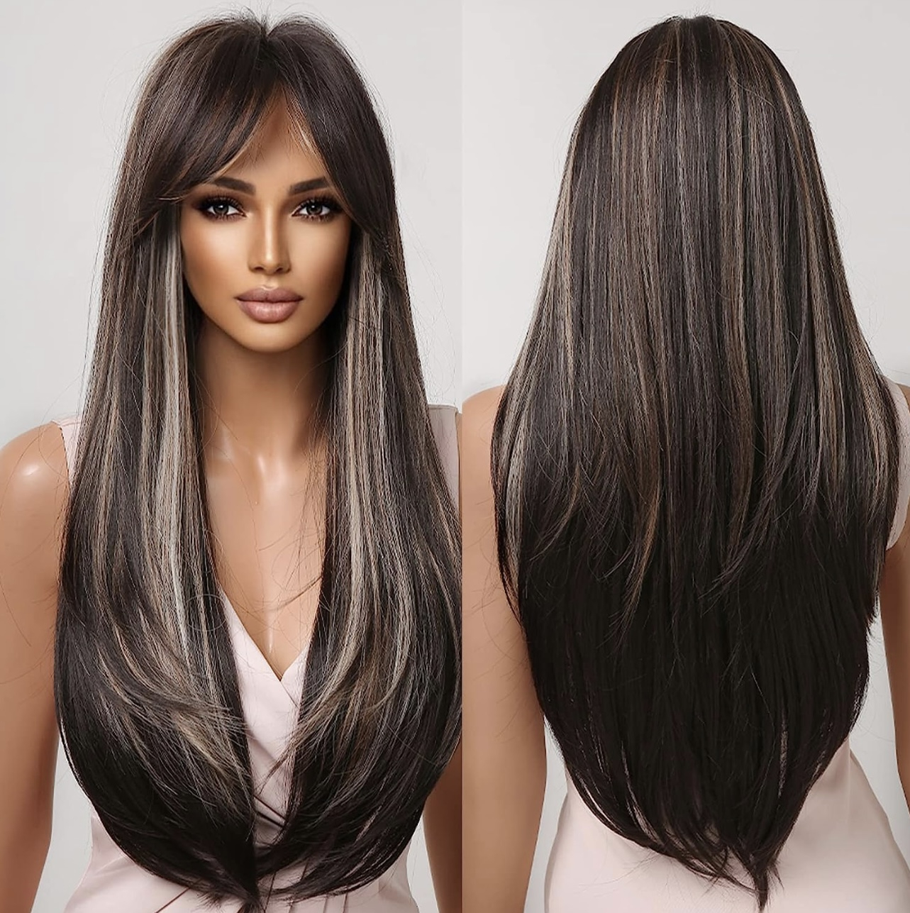 Peruca C951 Bruneta Cu Suvite Blonde Si Breton Lung