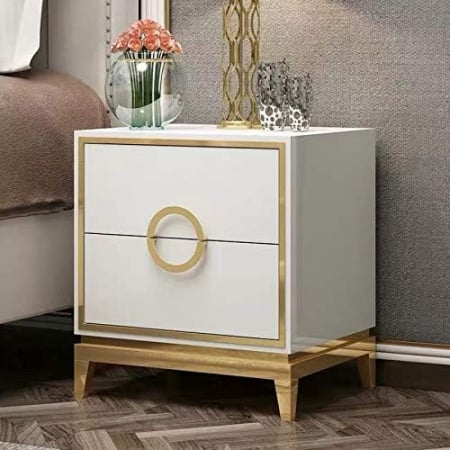 Noptiera G05 - Design Modern, Lemn Alb și Metal Auriu | www.davincihome.ro