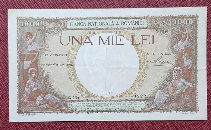 Romania, 1000 lei 1939, seria 0222/N.1341/33513222, circulata