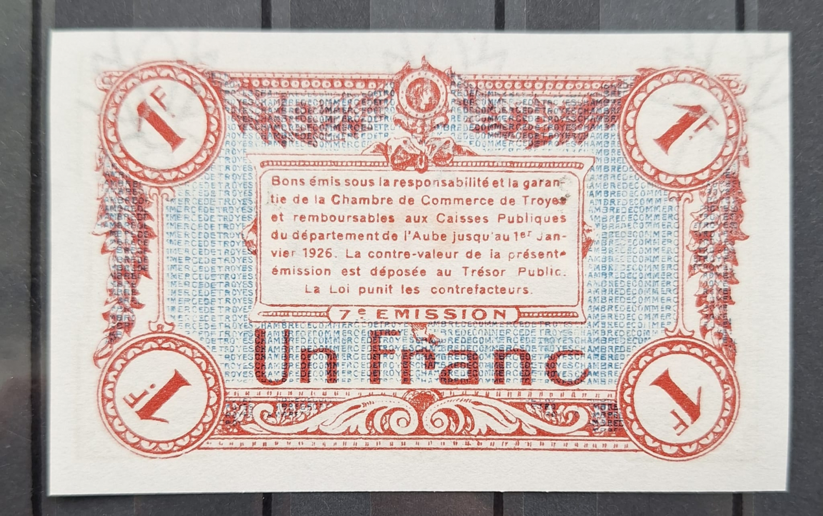 Franta Troyes 1 Franc 1926 Cu filigram complet UNC, clasor A1, B1