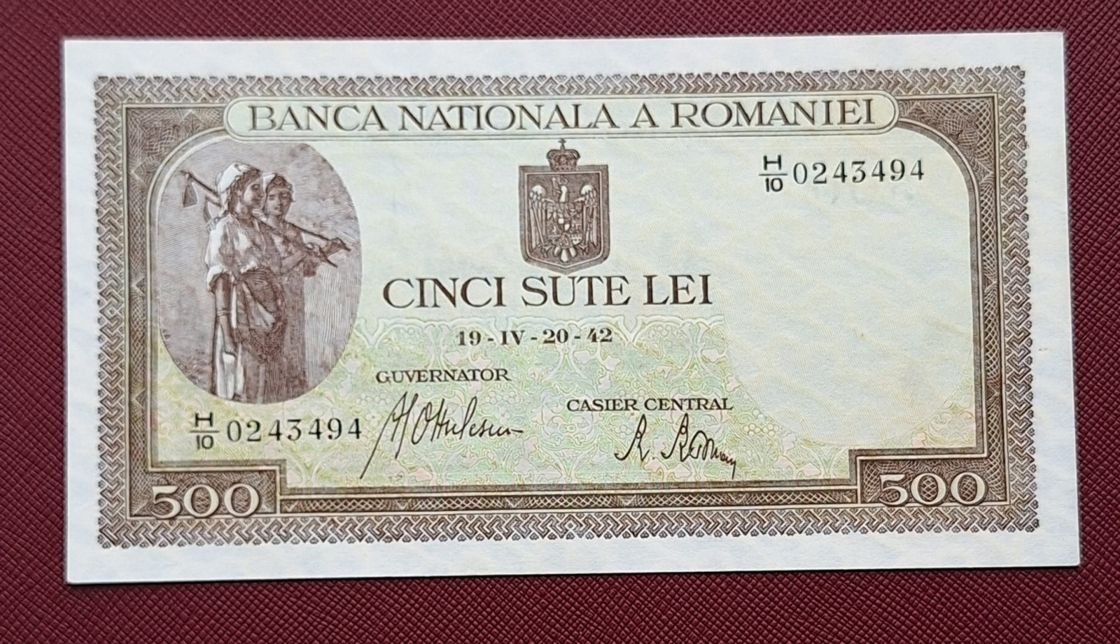 Romania 500 lei 20 Aprilie 1942, seria H/10 0243494, UNC-