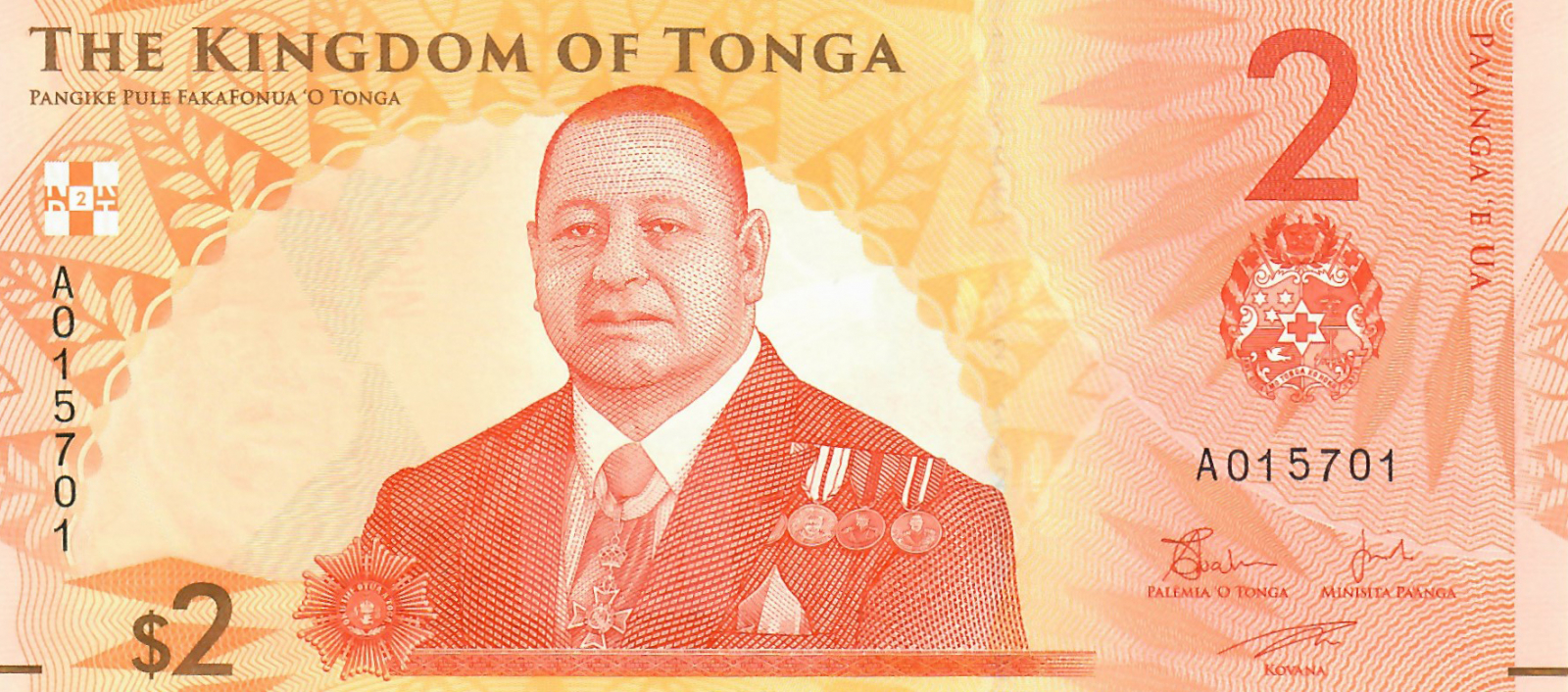 Tonga, 2 Pa'anga 2024, balena sarind din apa, unc, clasor A1