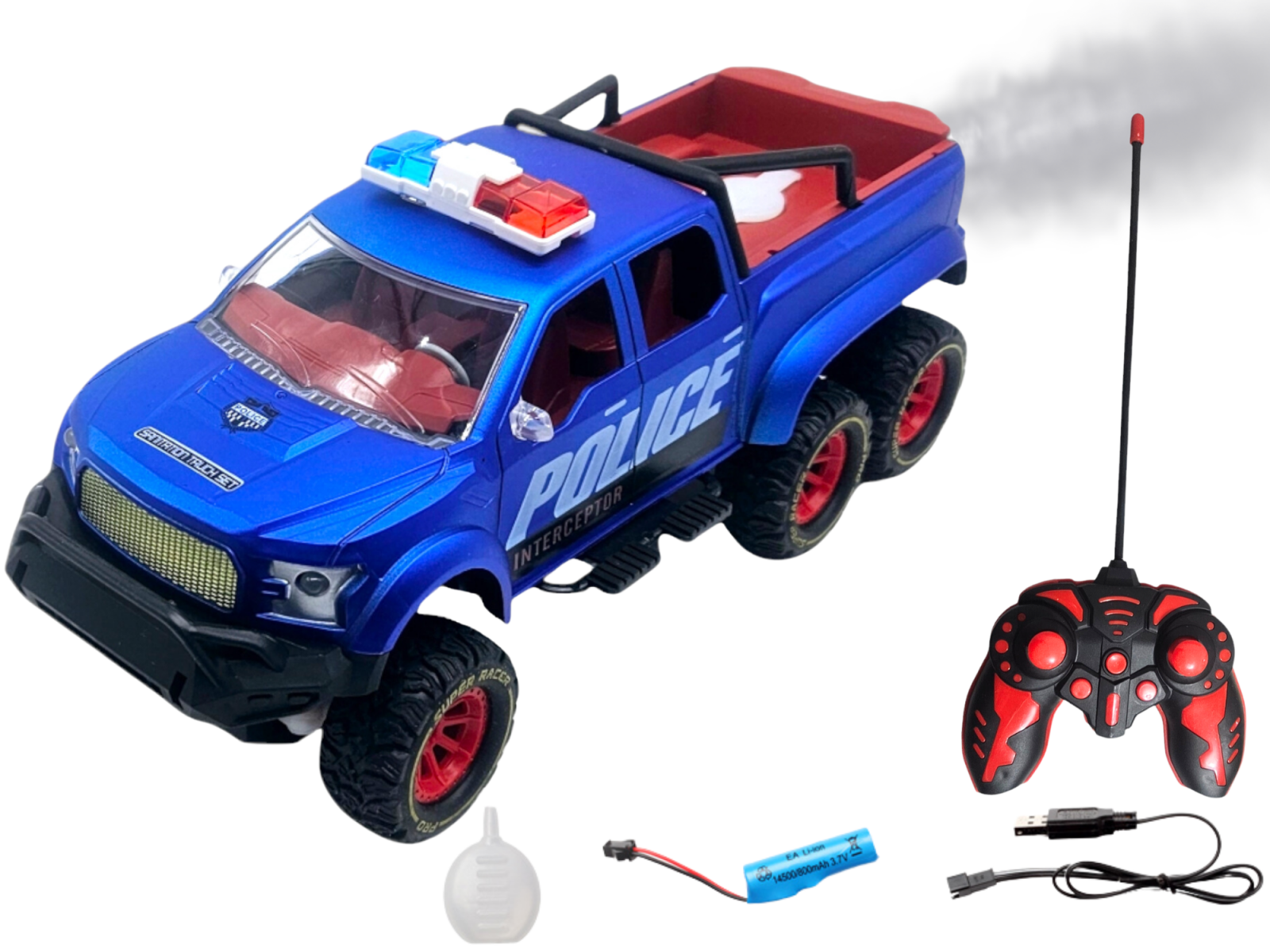 Masina de Politie cu Telecomanda cu 6 Roti, Efect Abur si lumina led ...