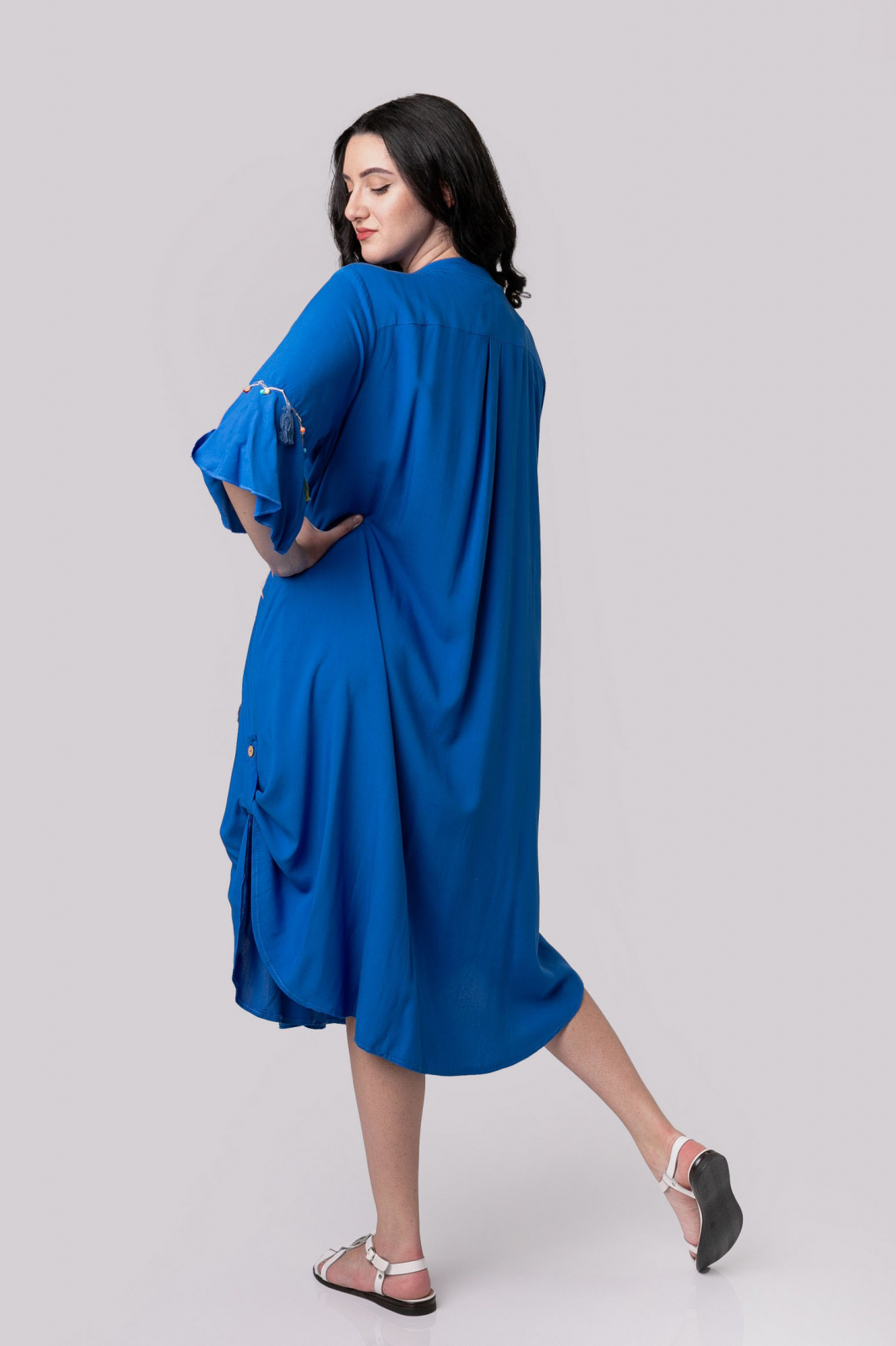 Rochie tip camasa albastra boho chic cu buzunare laterale