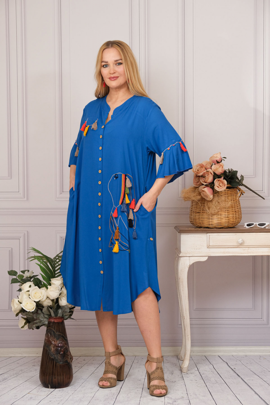 Rochie tip camasa albastra boho chic cu buzunare laterale