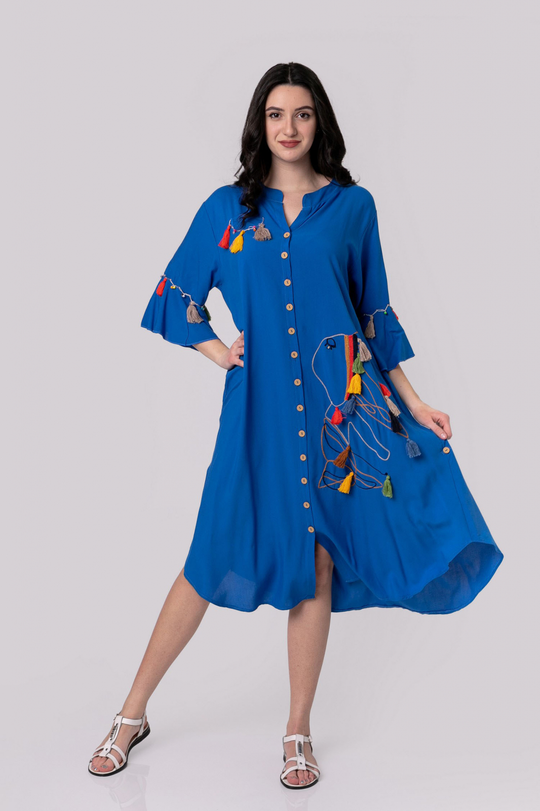 Rochie tip camasa albastra boho chic cu buzunare laterale