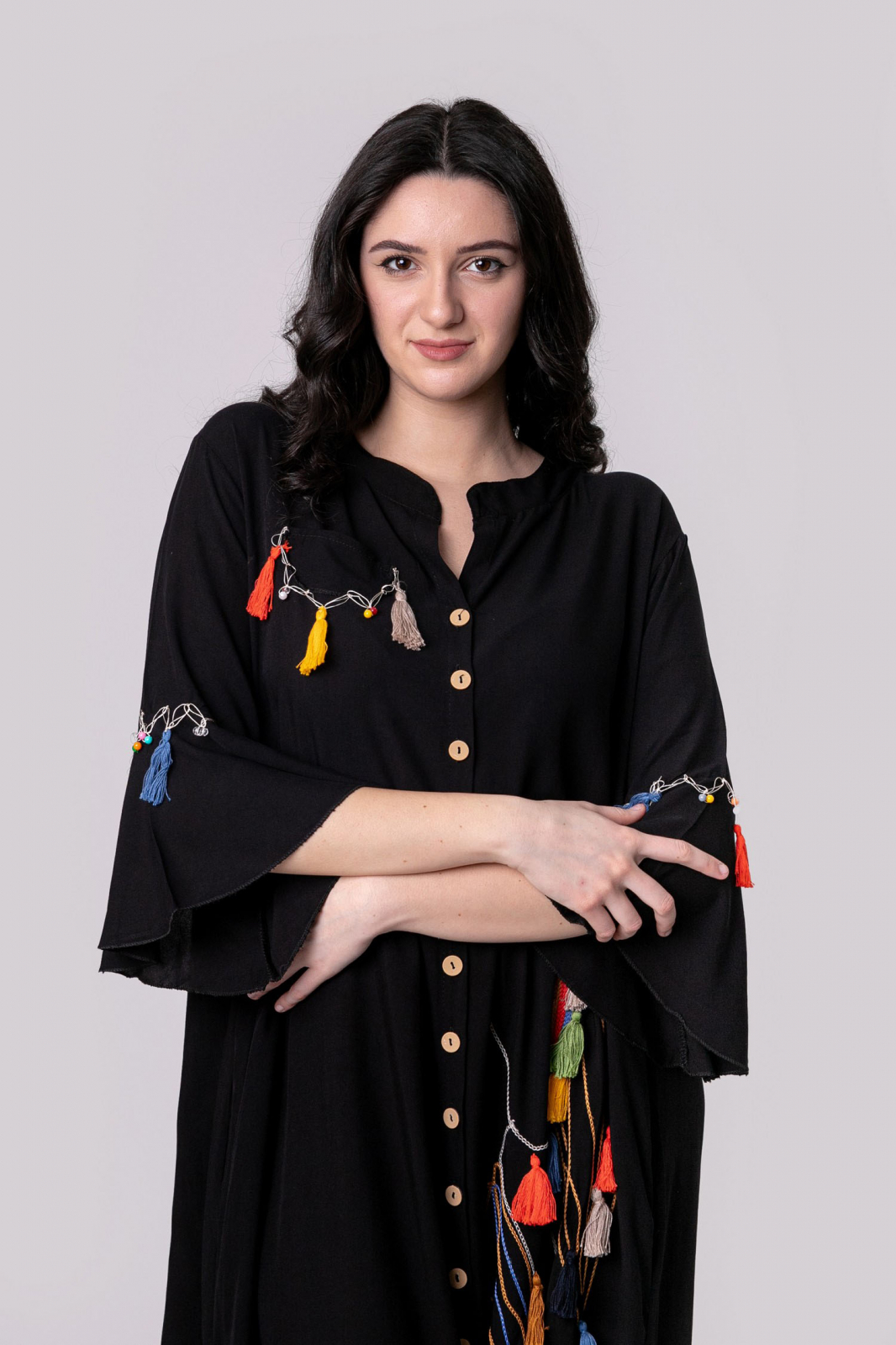 Rochie tip camasa neagra boho chic cu buzunare laterale