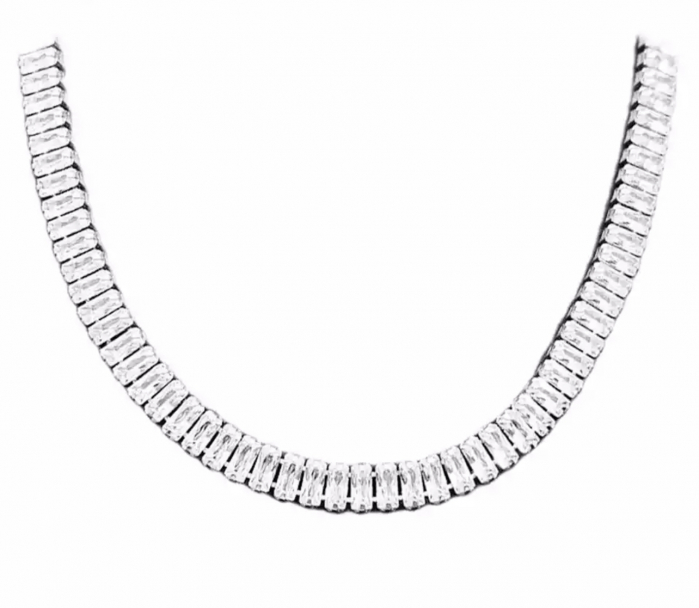 Colier tenis, metal argintiu inoxidabil placat cu rodiu, cu pietre ...