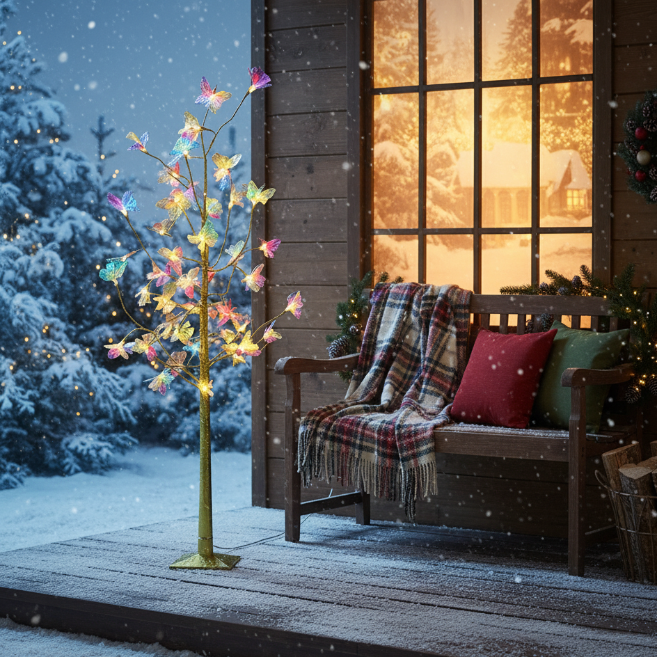 Pom Artificial LED cu Fluturi Colorati, Copac Decorativ, Alb 150 cm, 48 LED