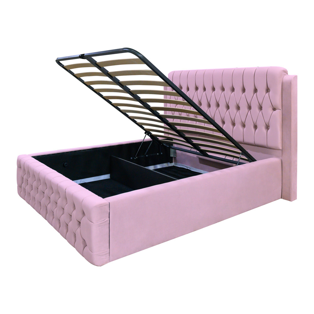 Pat dublu tapitat Olympia, 140/200, roz, cu somiera metalica rabatabila ...
