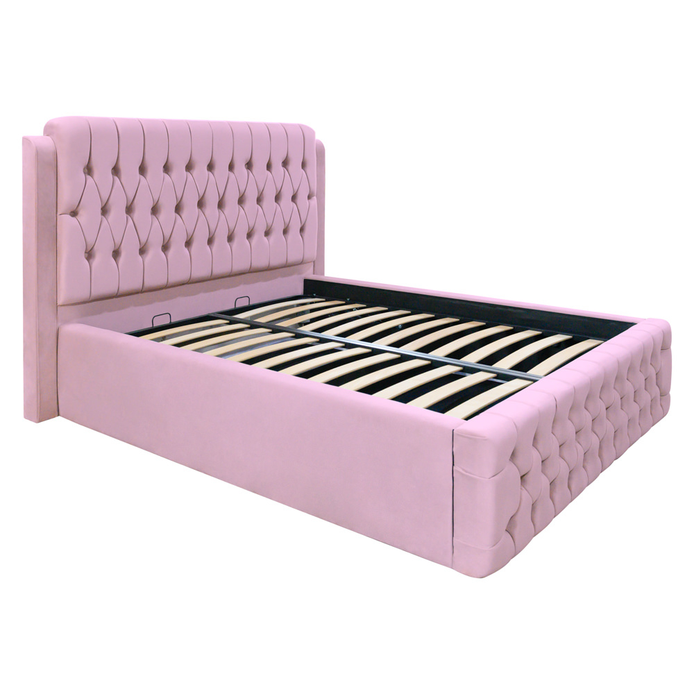 Pat dublu tapitat Olympia, 140/200, roz, cu somiera metalica rabatabila ...