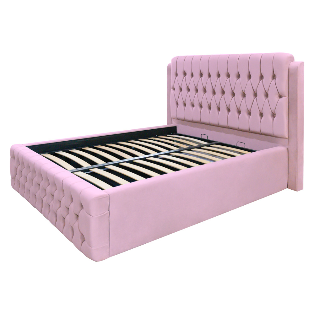 Pat dublu tapitat Olympia, 140/200, roz, cu somiera metalica rabatabila ...