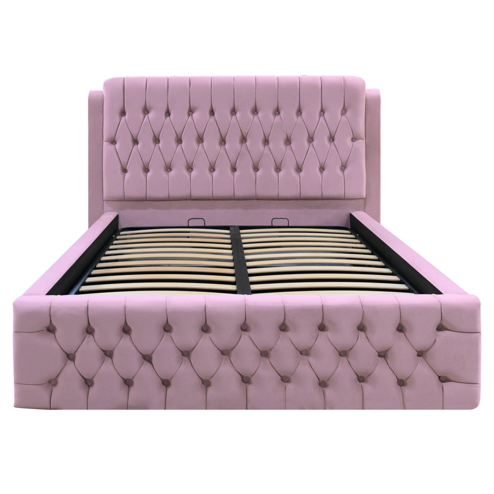 Pat dublu tapitat Olympia, 140/200, roz, cu somiera metalica rabatabila ...