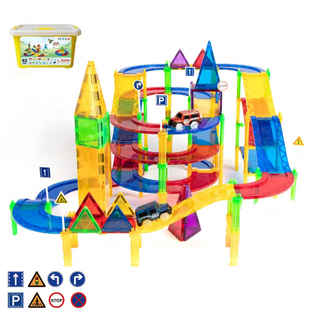 Set de constructie Pista de curse din placi magnetice, 154 piese, Cutie ...