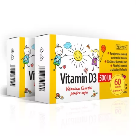 Pachet Vitamina D3 500 UI pentru copii, 30 + 30 capsule Zenyth