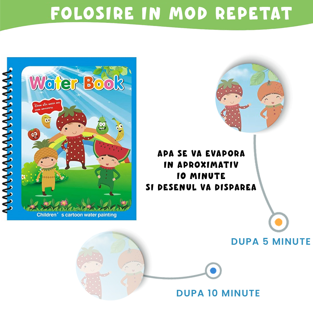 Carte de colorat cu apa Magic Book copii si fructe