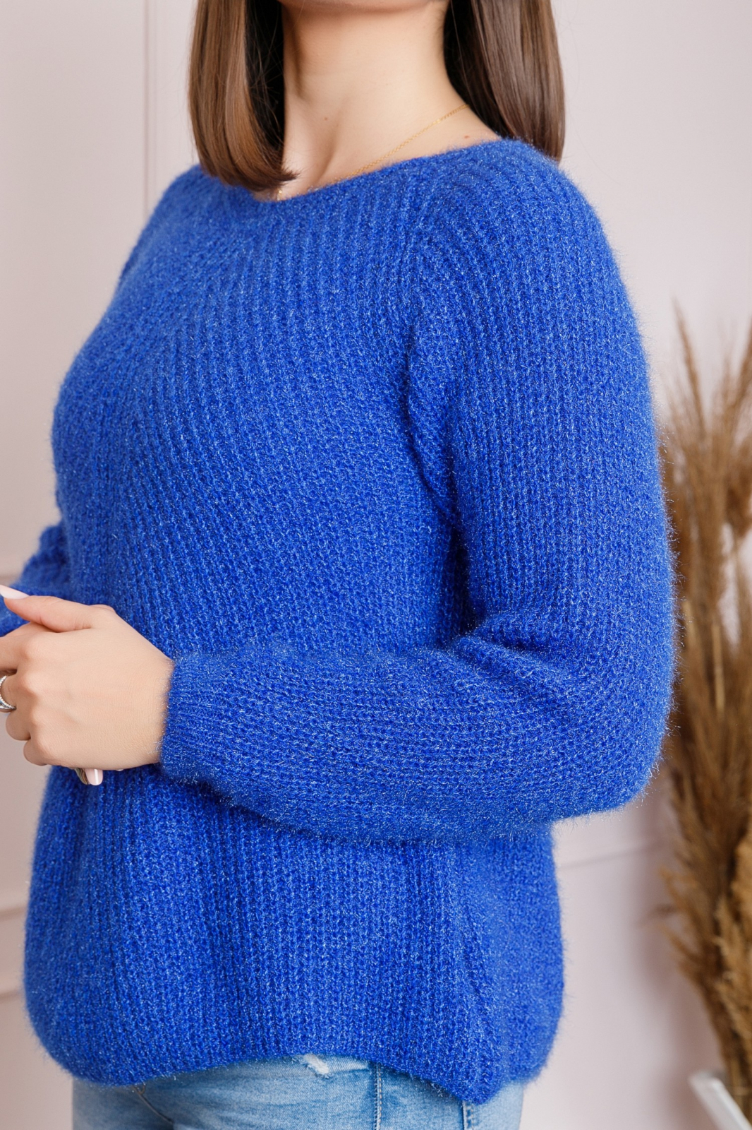 Pulover Bella pufos albastru regal cu maneci raglan