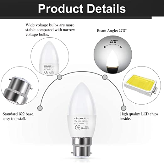 Set de 2 Becuri LED DICUNO B22,C37 Bec lumanare baioneta 5W, echivalent ...