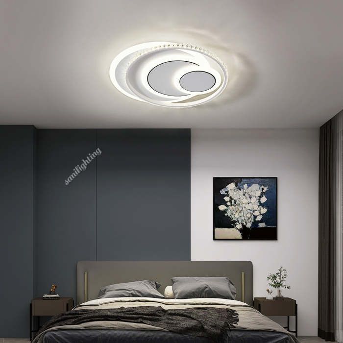 Lustra Led Rotunda 180W, Telecomanda, Cristale, Alba, Intensitate Reglabila