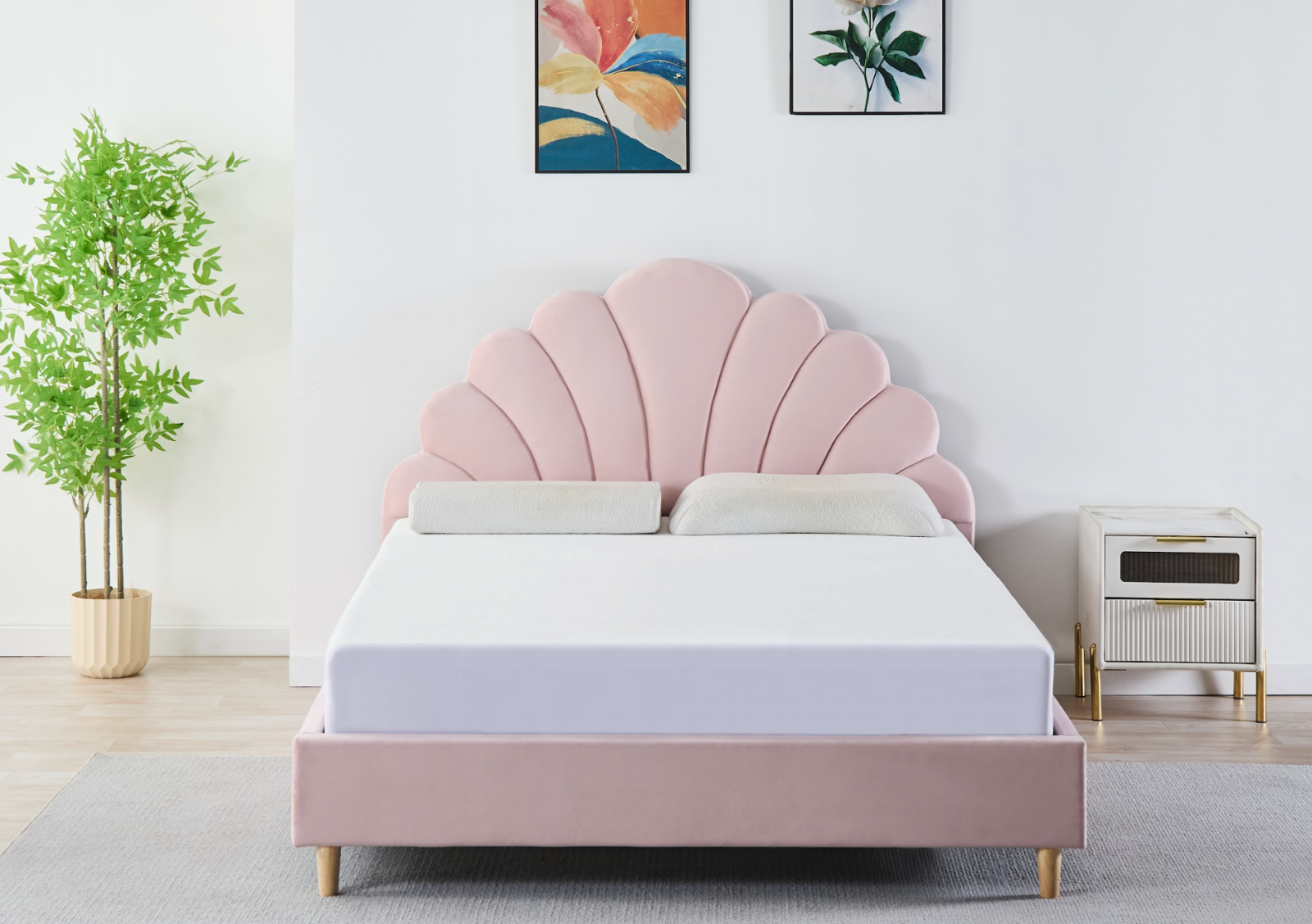 Pat Tapițat Catifea Roz 140x200 cm cu Somieră si Saltea Inclusă – Cod ...