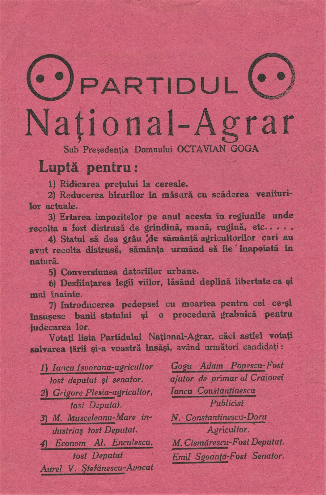 Afiș electoral Partidul Național-Agrar, condus de Octavian Goga, anii 1930