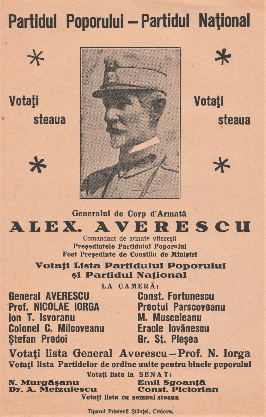 Afiș electoral Partidul Poporului Averescu - Partidul Național Iorga ...