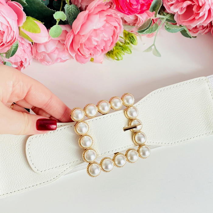 Centura Elastica Alba cu Perle - Curele Dama | ZURIEVA