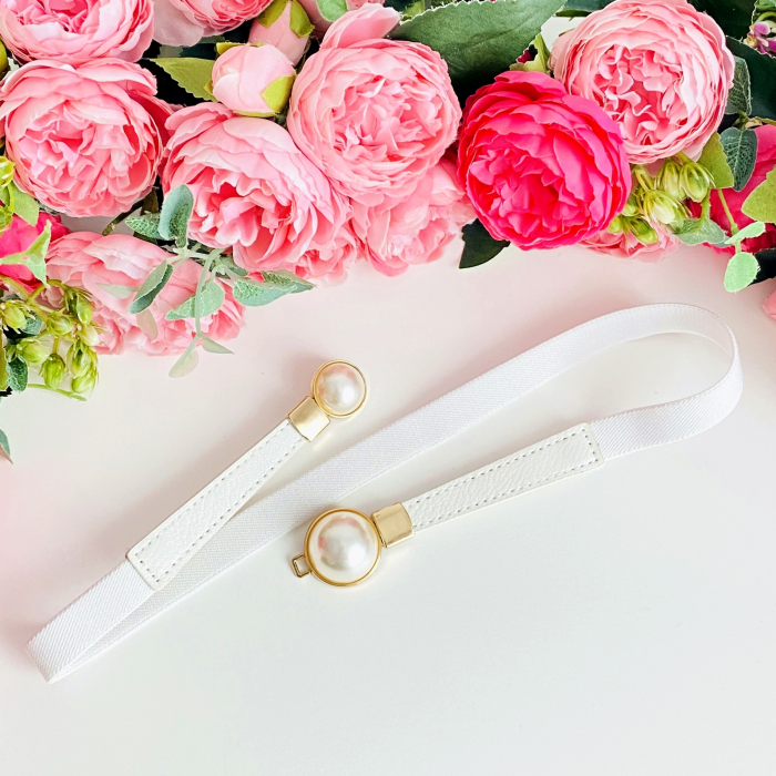 Centura Curea Elastica Alba cu Perle Albe | ZURIEVA