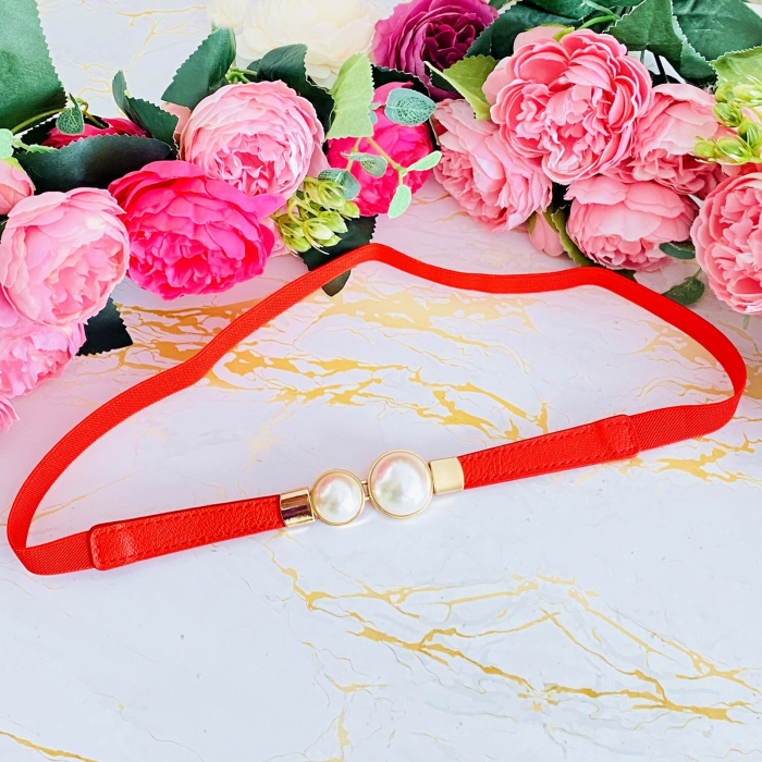 Centura Curea Elastica Rosie cu Perle Albe | ZURIEVA