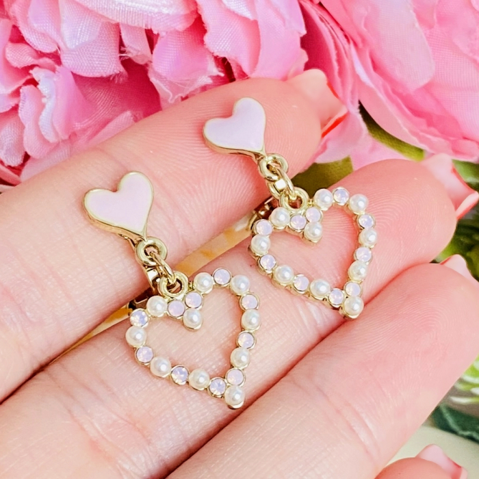 Cercei Clips Inimi Roz & Mini Perlute - Cercei Clipsuri Dama | ZURIEVA