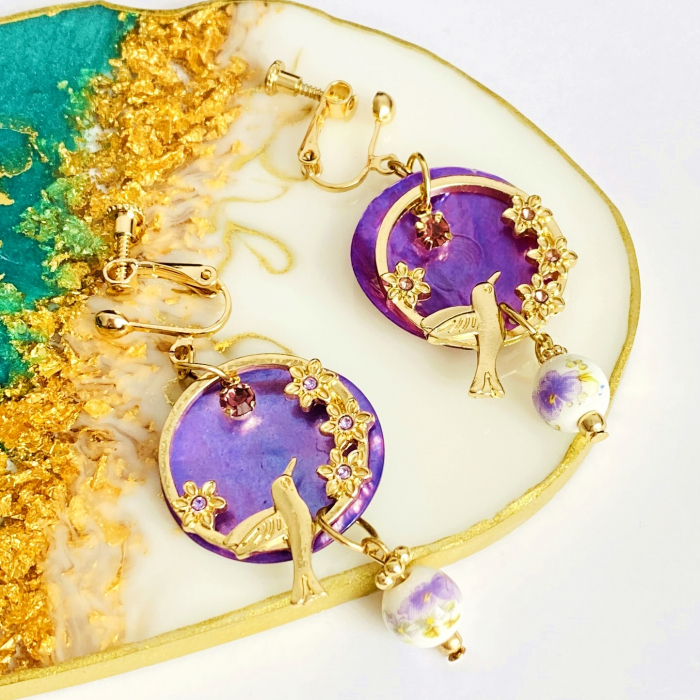 Cercei Clipsuri Purple Bird - Bijuterii Dama | ZURIEVA