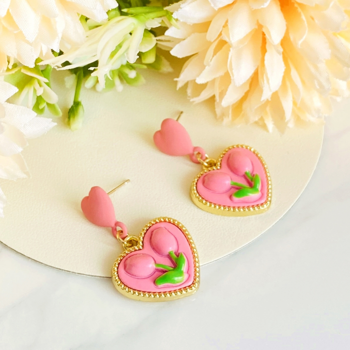 Cercei Inimioare si Lalele Roz - Cercei Flori | ZURIEVA