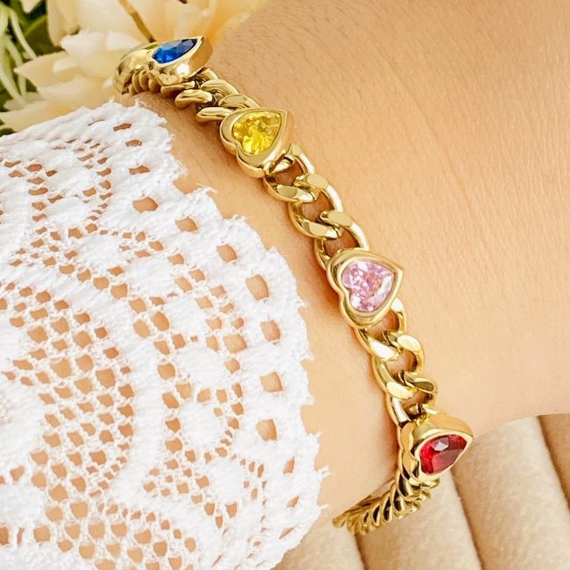 Bratara Aurie Inimi Colorate Otel Inoxidabil - Bijuterii Inox | ZURIEVA