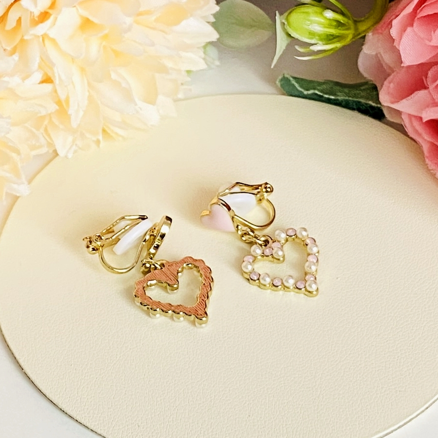 Cercei Clips Inimi Roz & Mini Perlute - Cercei Clipsuri Dama | ZURIEVA