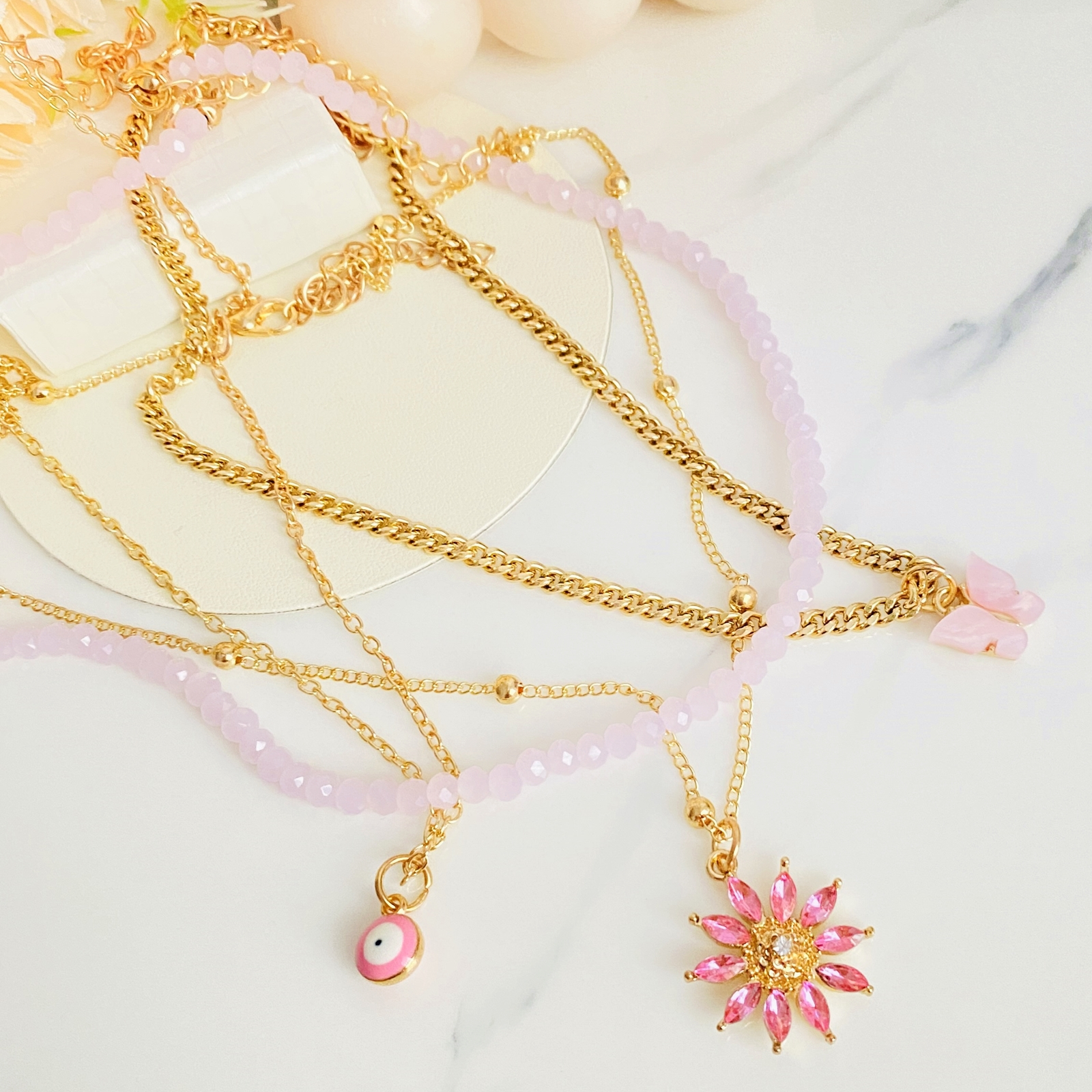 Coliere Aurii Roz Fluture Floare - Coliere Elegante Femei | ZURIEVA