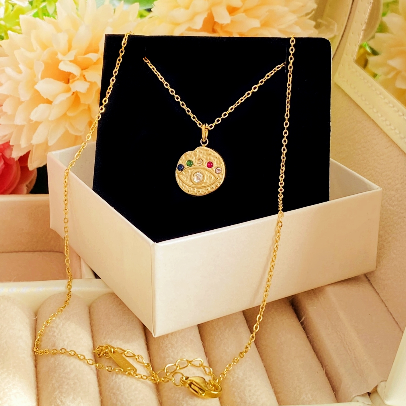 Colier Auriu Ochi Colorat Otel Inoxidabil - Lantisoare Inox | ZURIEVA