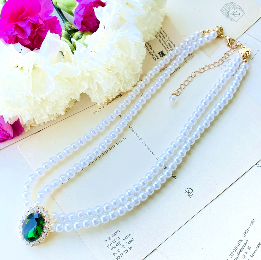 Colier Perle & Cristal Verde Smarald - Coliere Femei | ZURIEVA