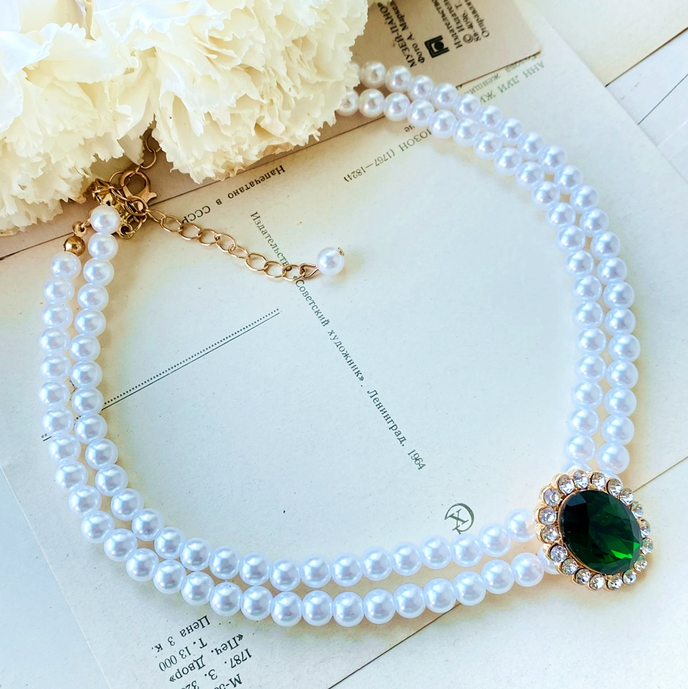 Colier Perle & Cristal Verde Smarald - Coliere Femei | ZURIEVA