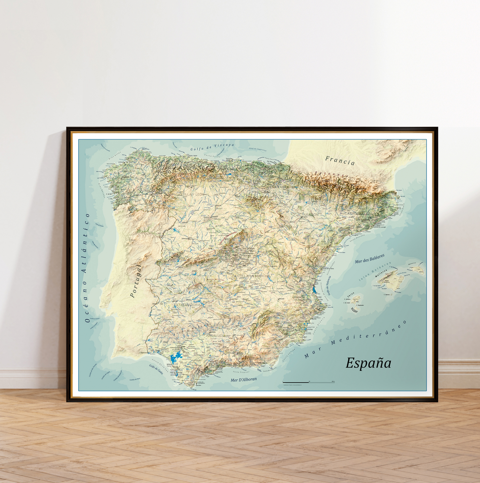 Relief map of Spain with a shaded relief effect.