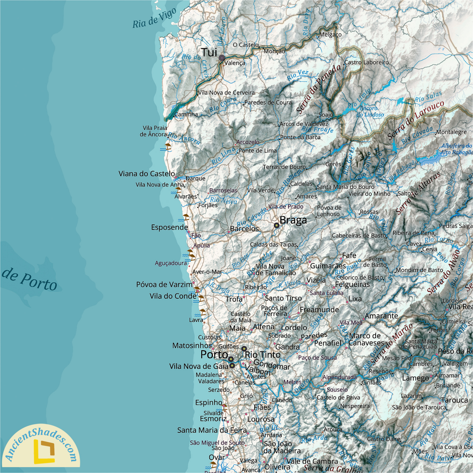 Portugal physical map, shaded relief map