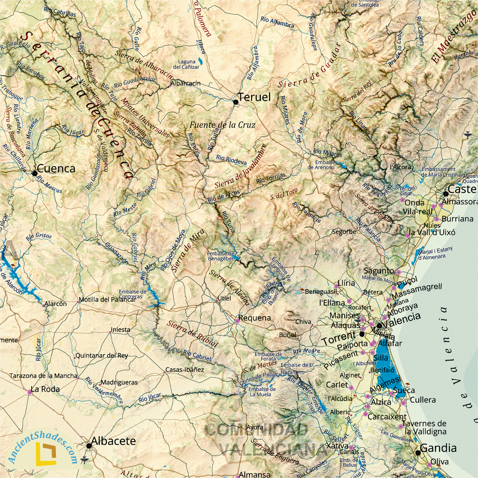 Relief map of Spain with a shaded relief effect.
