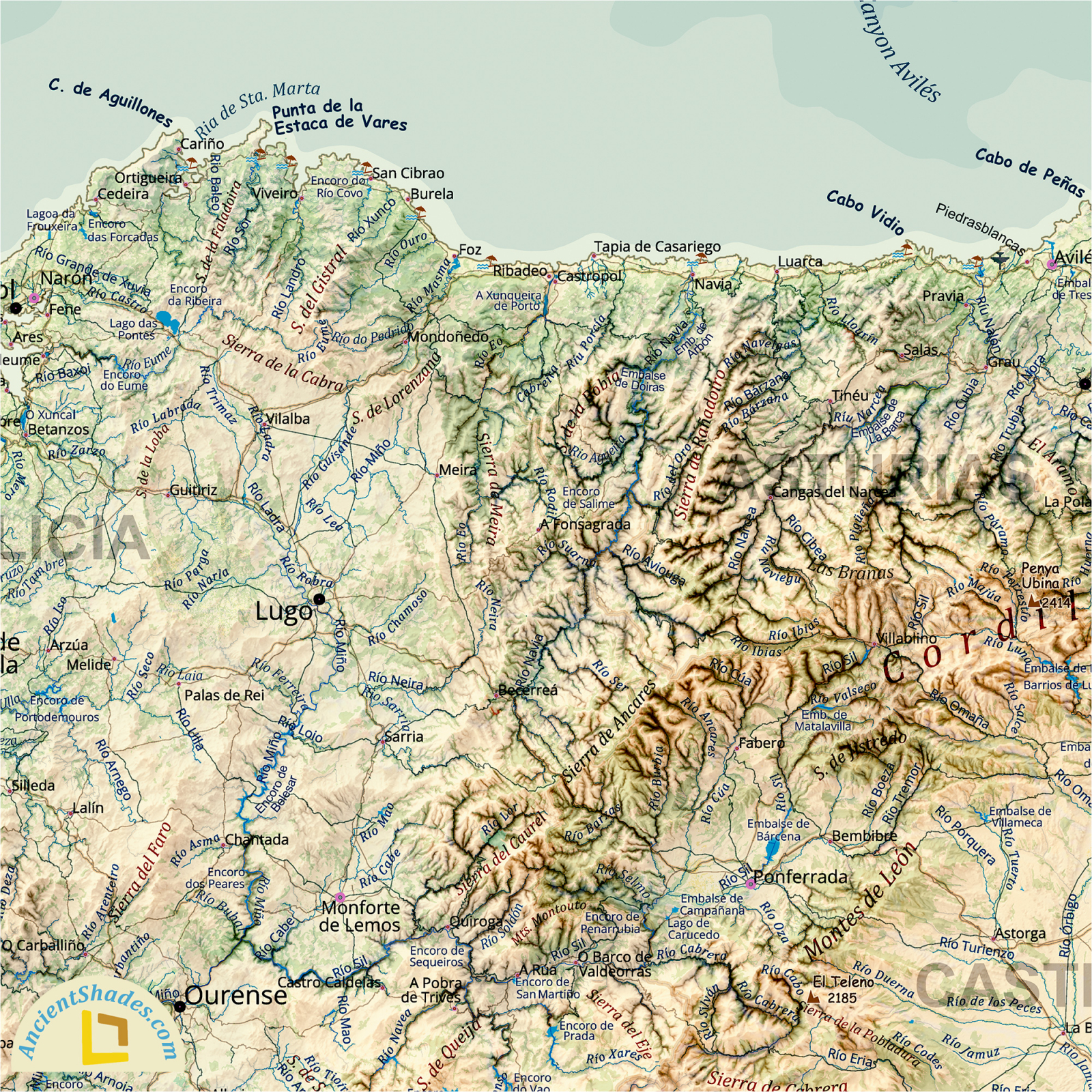 Relief map of Spain with a shaded relief effect.