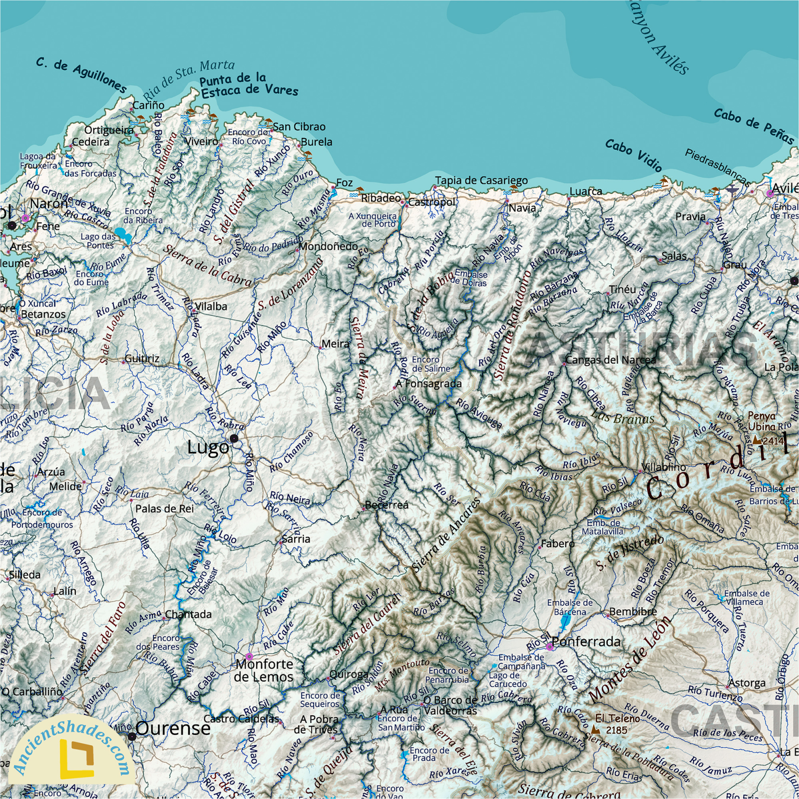 Spain physical map, winter style terrain & elevation