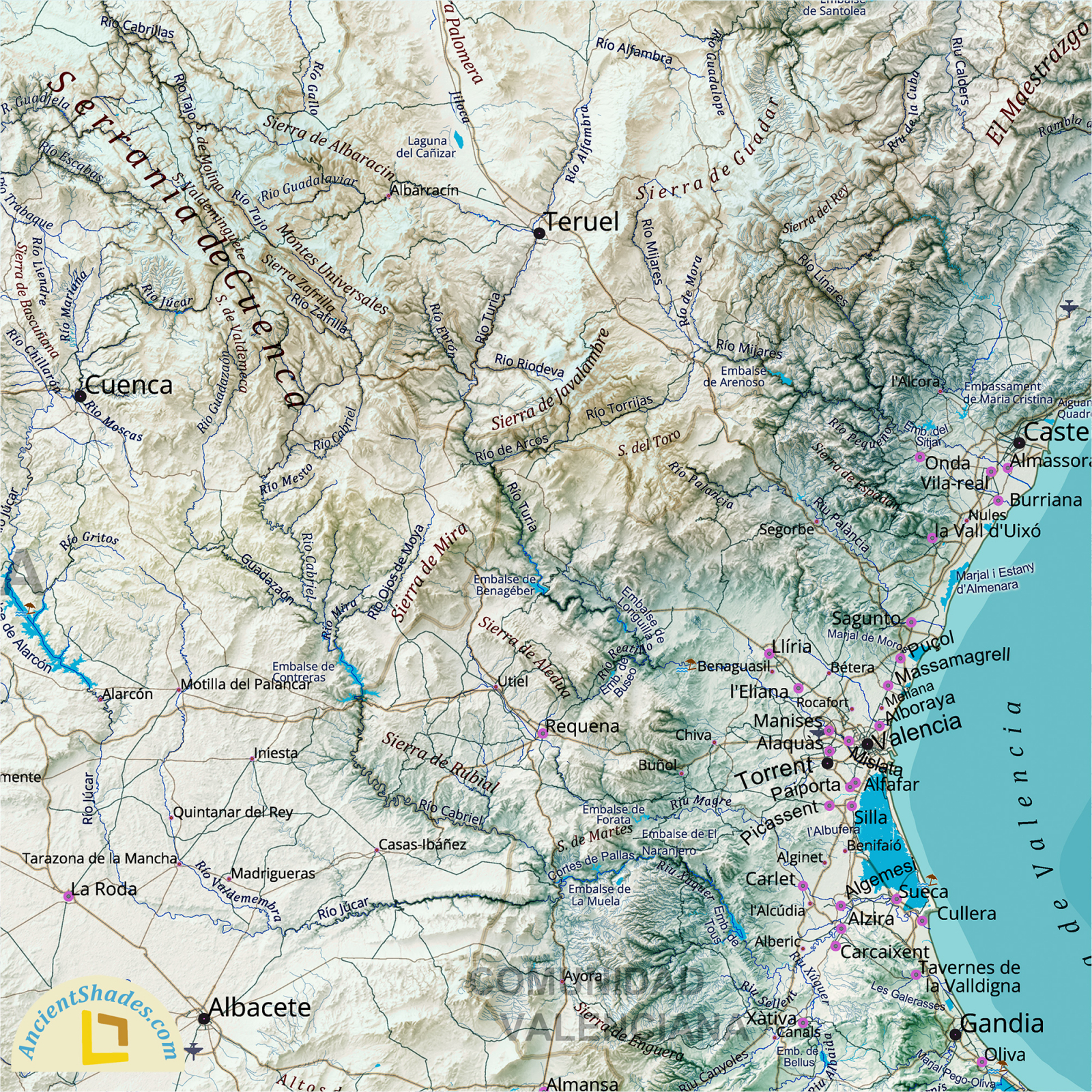 Spain physical map, winter style terrain & elevation