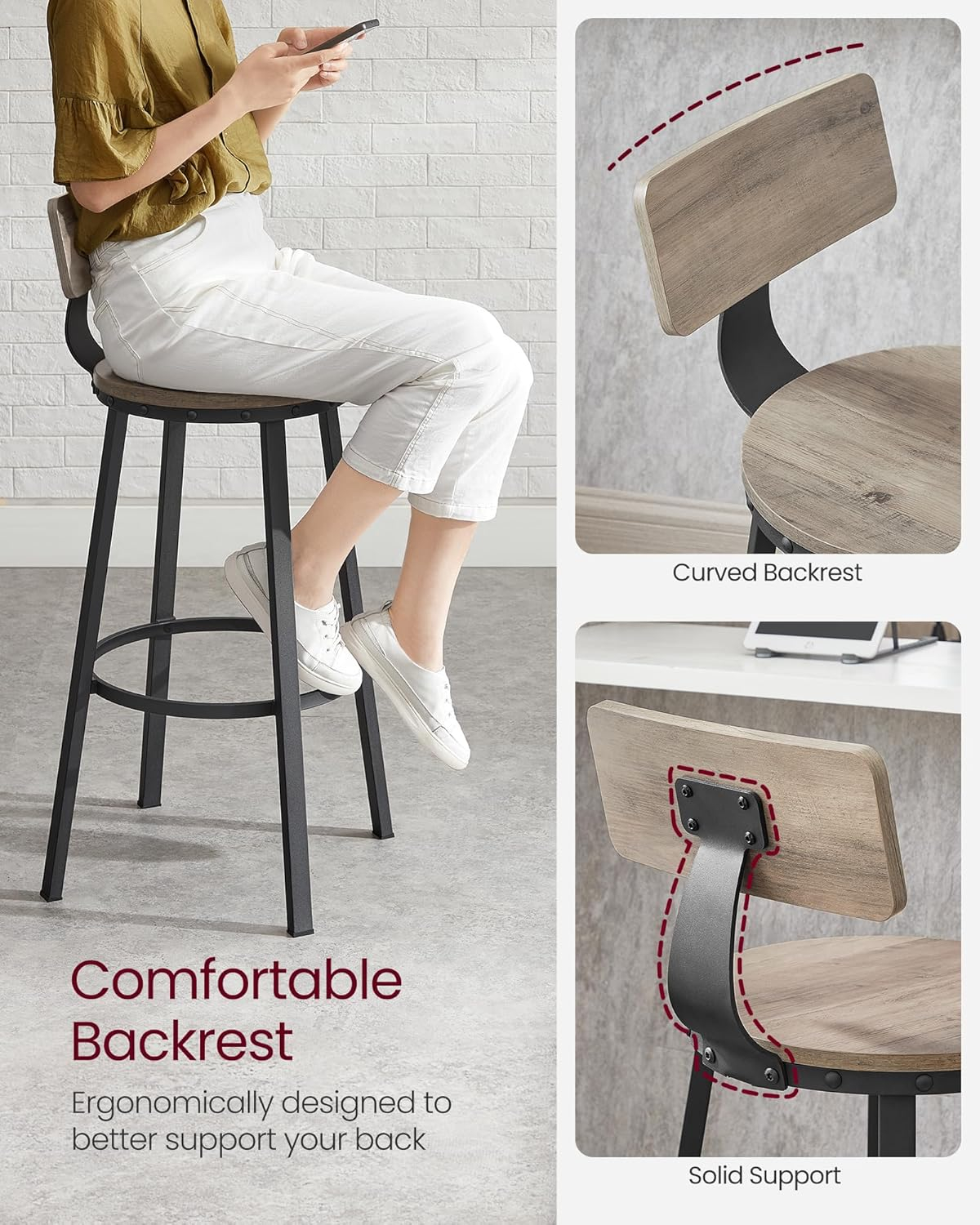 Set de 2 scaune de bar inalte cu spatar, cadru din otel, industrial ...